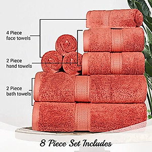 SUPERIOR Egyptian Cotton 8-Piece Solid Towel Set, Washcloths 13” x 13”, Hand Towels 20” x 30”, Bath Towels 30” x 55”, 800 GSM, Coral, 8-Pieces