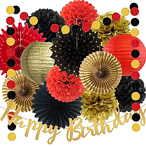 Red Black Gold Birthday Party Decorations Paper Lanterns Pom Poms Flowers Fans Casino Theme Party Decorations for Birthday Wedding Anniversary Bridal Shower Bachelorette Baby Shower Party