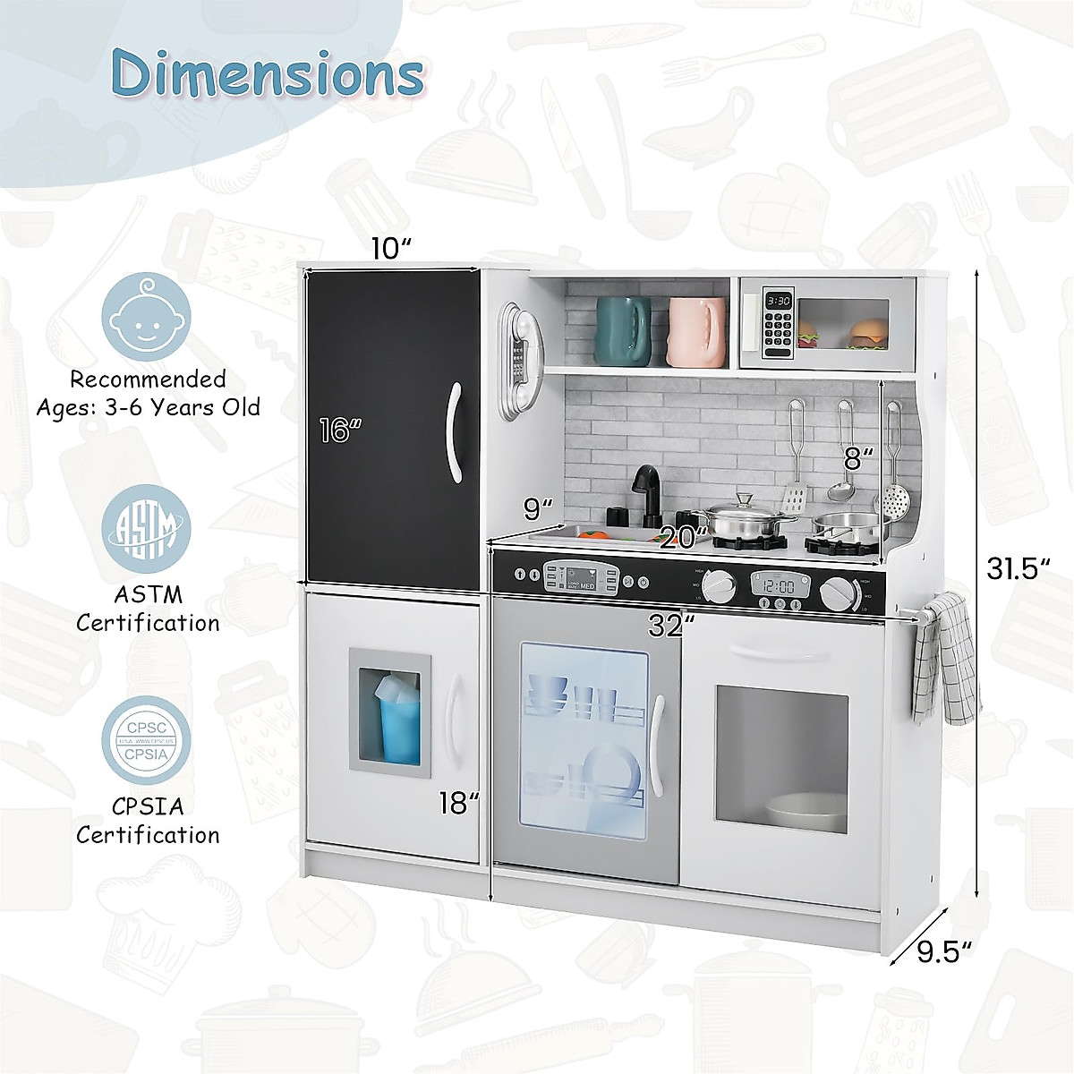 MAT EXPERT Kids Kitchen Playset, Wooden Chef Pretend Toy Kitchen w/Chalkboard, Ice Maker, Cookware Accessories, Telephone, Oven, Microwave, Play Kitchen for Toddlers, Gift for Boys Girls 3+ (White)