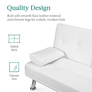 Best Choice Products Faux Leather Upholstered Modern Convertible Futon, Adjustable Folding Sofa Bed, Guest Bed w/Removable Armrests - White