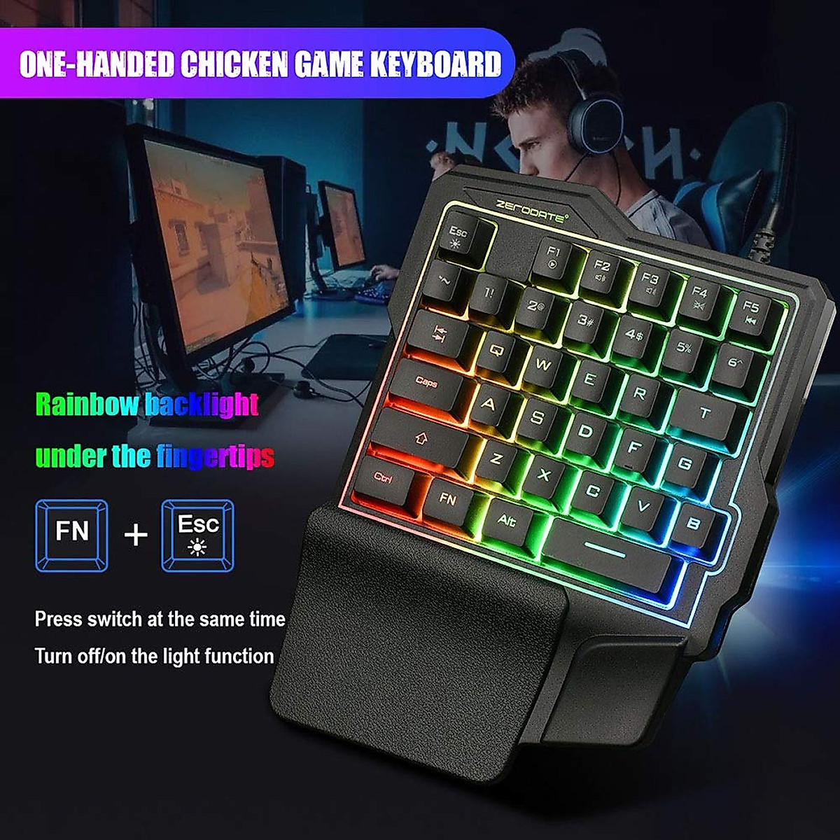 whdz USB Wired Mechanical Feeling Keyboard Mouse Set Ergonomic Single Hand Gaming Keyboard and Backlit Mouse Combo with Wrist Rest Support