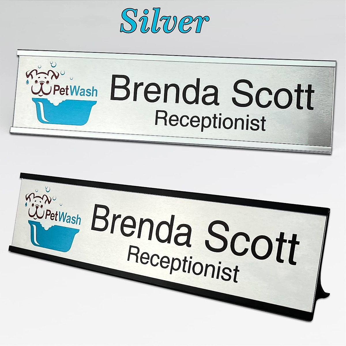 2" x 8" Personalized Aluminum Name Plates, Custom Office Desk or Wall Name Plates, Can Add Custom Logo Image and Texts, Two Name Plates Colors Silver, White, Holders are Optional (Custom Image+Text)