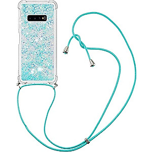 HOUSON for Samsung Galaxy S10 5G Case, Moving Liquid Holographic Sparkle Glitter Case with Crossbody Lanyard Strap, Girls Women Bling Diamond Ring Slim Protective Case for Galaxy S10 5G Blue