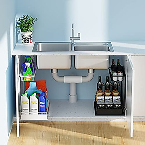 Under Sink Organizers and Storage, Painted Steel Under Cabinet Storage Pull Out Bathroom Organizer with Handles, 2 Tier Under Sink Storage Kitchen Space Rack for Countertop, White