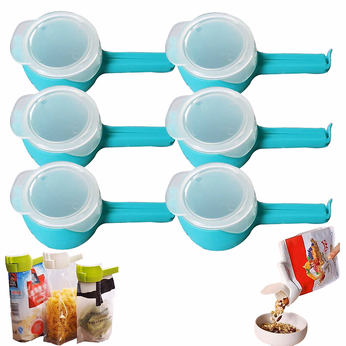 Znsjilo Bag Clips with Pour Spout, Snack Clips That Pour, Seal and Pour Bag Clip, Food Storage Sealing Clips with Pour Spouts, Reusable Snack Clips Pour for Kitchen (6Pcs A)