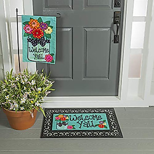 Evergreen Indoor Outdoor Welcome Y'all Bundle Set of 4 - Garden Flag Stand and Flag, Sassafras Doormat Frame and Sassafras Insert