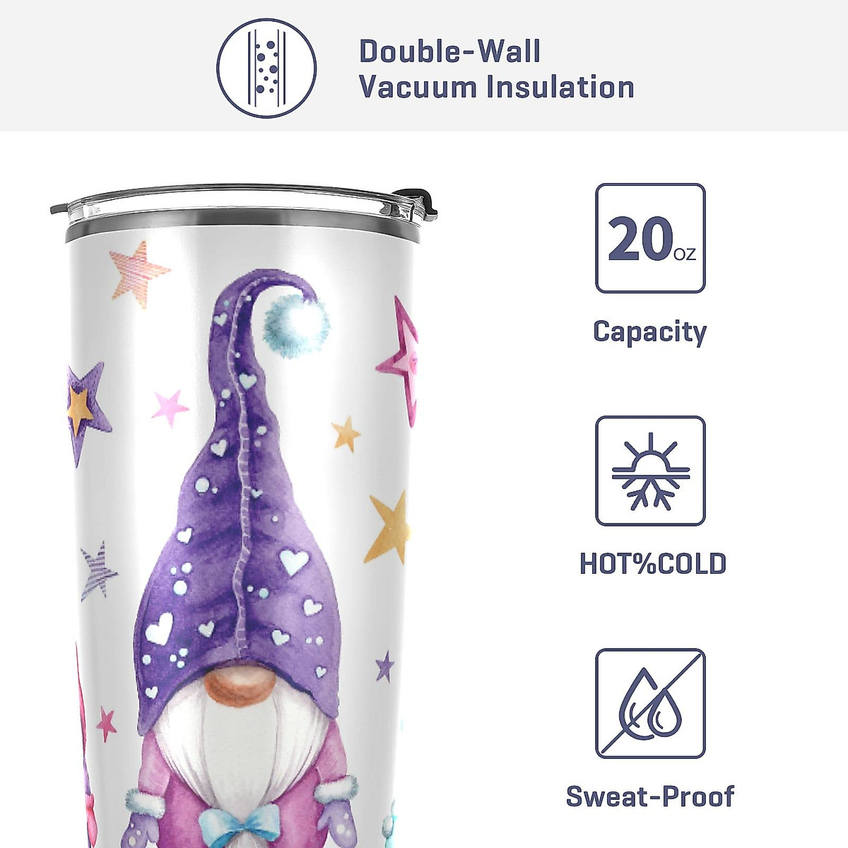 Kigai 20oz Tumbler Stainless Steel Double Wall Vacuum Insulated Tumbler Cup Travel Mug Coffee Cup with Lid, Straw and Cleaning Brush-Cute Gnomes