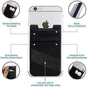 Phone Card Holder, Phone Wallet Stick On with Finger Strap Stretchy Card Holder for Back of Phone Credit Card Holder for Phone Case Compatible with Most of Cell Phone (iPhone, Samsung) - 3Pack Black