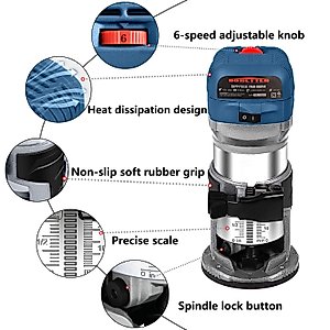 Dobetter 1.25HP Wood Router Tool, 6.5Amp Electric Trim Router, 6 Variable Speed Compact Palm Router Woodworking with 1/4" & 3/8" Collets, 12 Wood Router Bits and Portable Bag -DBTR700B