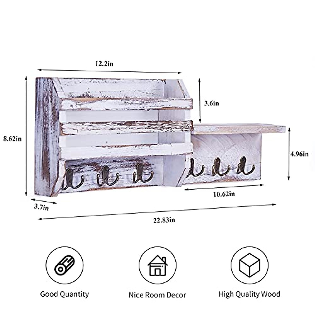 ZSHY.T.SUN Key Holder for Wall - 22.8" x 8.6" x 3.7"Wall Mounted Mail Organizer Wooden Decorative for Coats,Keys with 6 Double Key Hooks for Entryway, Hallway, Kitchen, Living Room,(Light Brown)