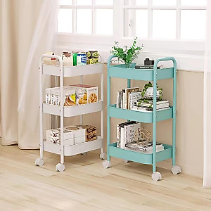 XIUSHE 3-Tier Metal Utility Cart Rolling Storage Organizer, Blue, Portable, Sturdy, Indoor Use