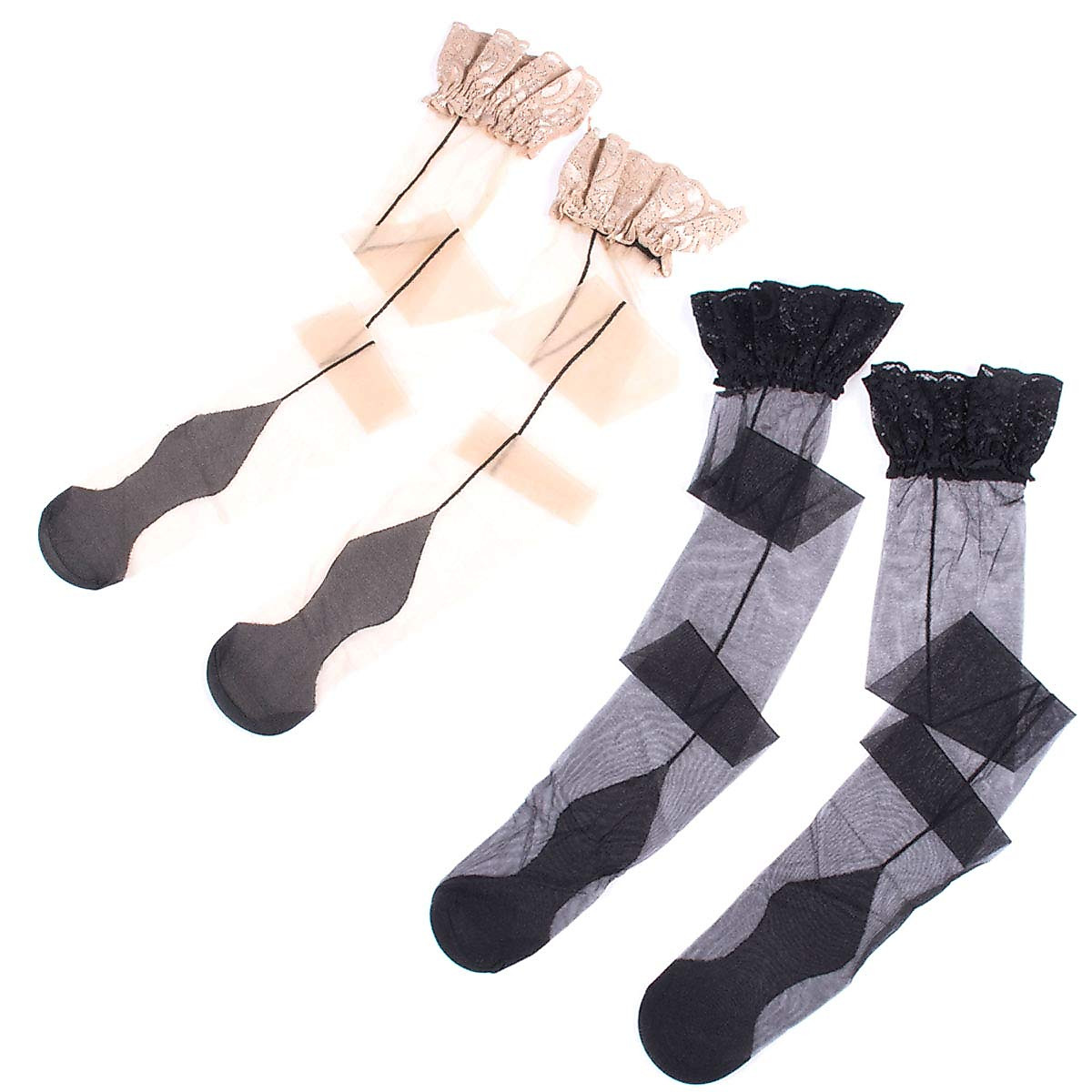 Aneliya Vintage Nylon Lace Top Thigh High Stockings with Back Seam for Women Suspender Garter Belts,(2 Pack), Black and Nude, Medium-Large