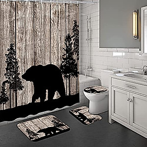 SiMiWOW Black Bear in Forest Shower Curtain Set with Rugs Woodland Animal Country Farmhouse Cabin Bathroom Decor Curtain, Set of 4