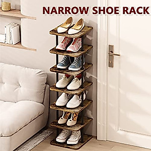 AZERPIAN Shoe Rack 7 Tier Vertical Storage Organizer Narrow Metal Slim Shelf Modern Free Standing Shoe Tower Saving Space for Closet Entryway Bedroom,Black+Rustic Brown