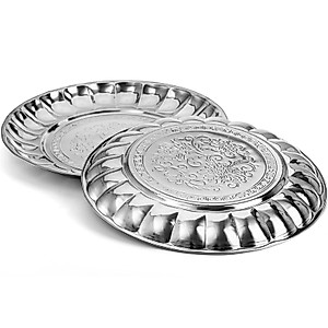 DEAYOU 8 Pack Stainless Steel Round Plates, 12" Large Dinner Plate for Eating, Kids, Stainless Steel Charger Plate, Vintage Feeding Serving Camping Plate Dish for Fruit, BBQ, Flower Pattern