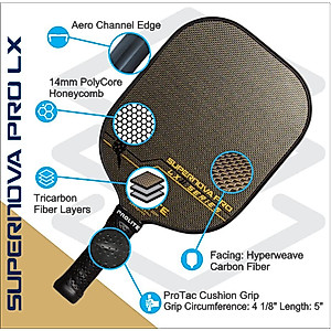 PROLITE LX Series Pickleball Paddles | Hyperweave Carbon Fiber Pickleball Paddle | 14mm Poly Core | Pickleball Rackets Made in The USA Since 1984 (Supernova Pro LX, Silver Fibers)