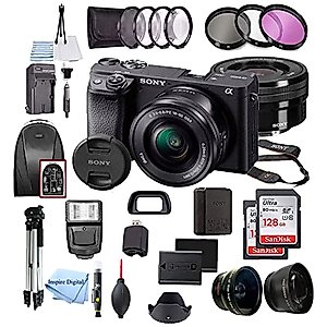 Alpha a6400 Mirrorless Digital Camera 24.2MP Sensor with 16-50mm Lens, 2 Pack SanDisk 128GB Memory Card, Backpack, Full Size Tripod & Inspire Digital Cloth Accessory Bundle (Black) (Renewed)