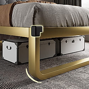 Feonase Twin Metal Bed Frame, Heavy Duty Platform Bed Frame with Steel Slats, Velvet Upholstered Headboard, 12" Storage Space, No Box Spring Required, Noise Free, Easy Assembly, Golden and Gray