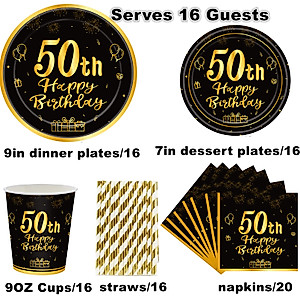 50th Birthday Party Supplies, 50th Birthday Party Tableware Include 50th Birthday Party Plates, Napkins, Cups Straws for Men and Women 50th Birthday Party Decorations Serves 16 Guests