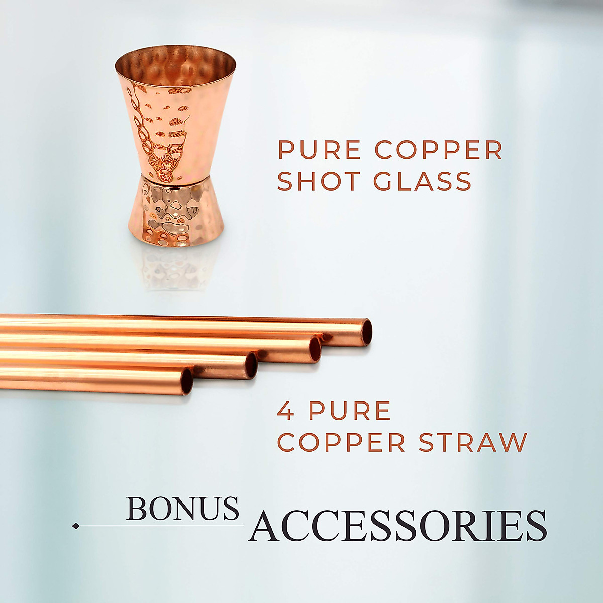 Moscow Mule Cups Set of 4. Copper Mugs Made from Pure Hammered Copper. Mule Mug Kit with Copper Shot Glass and Straws - 16oz