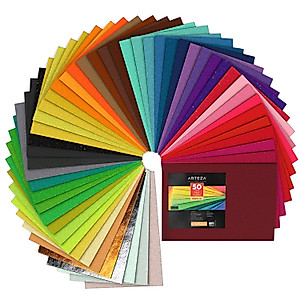 ARTEZA Craft Felt Sheets, 8.3 x 11.8 Inches, Set of 50, Assorted Colors, Stiff Non Woven Felt Fabric for Sewing and DIY Projects