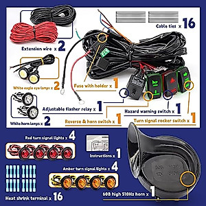 Pre-wired ATV UTV Turn Signal Kit, Universal Dirt Bike Street Legal Kit with Horn Reverse Hazard Turn Light Rocker Switch & Flasher Relay Fuse, Side by Side Blinker Kit for Polaris Can-Am Golf Cart