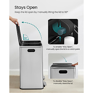 SONGMICS Trash Can, 2 x 10.6 Gallon (2 x 40 L) Garbage Can for Kitchen, with 15 Trash Bags, 2 Compartments, Plastic Inner Buckets and Hinged Lids, Airtight, Silver and Black ULTB730E80