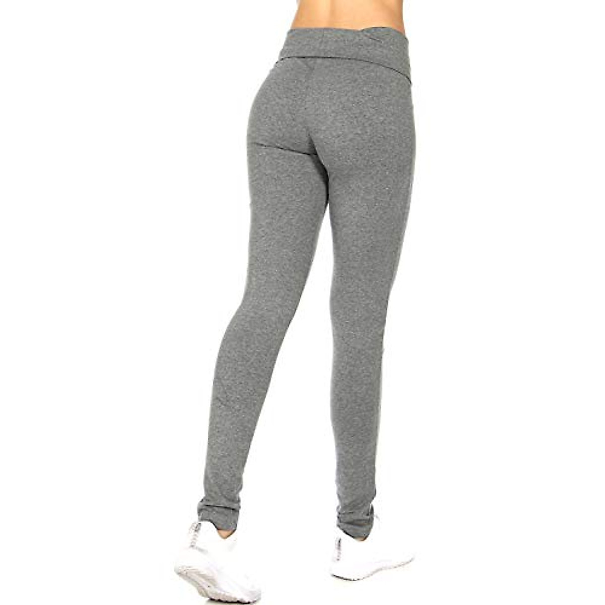 MOPAS Womens Yoga Pants with Fold Over Solid Waistband Grey Medium