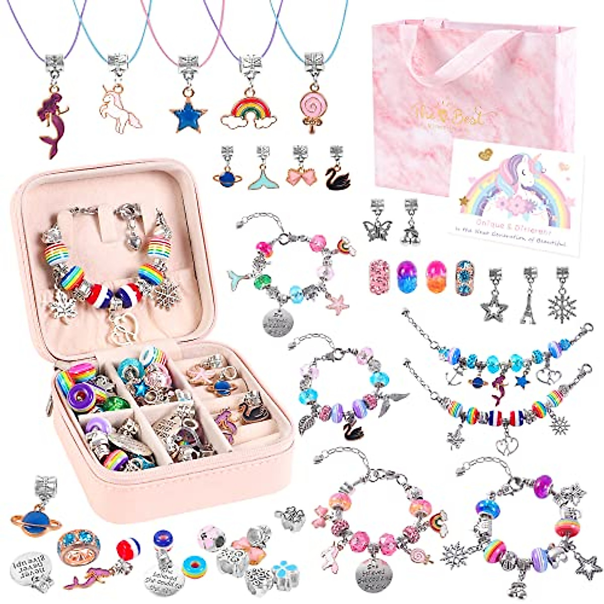 BOYIYUEQI Charm Bracelet Making Kit for Girls, DIY Beaded Jewelery Making, Unicorn/Mermaid/Swan/Dreamy/European Craft Gifts for Teen Girls Age 8-12