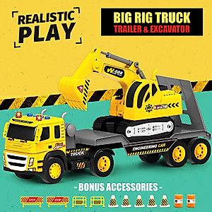 Liberty Imports Big Rig Tractor Trailer Low Boy Transport Flat Bed with Excavator Toy Trucks Combo, Semi Truck with Lights and Sounds, Flatbed Push and Go Construction Vehicle for Kids