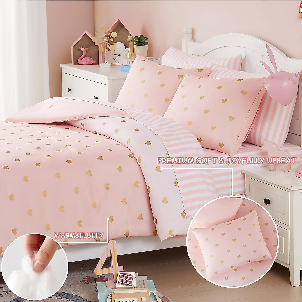 Wink Deer Kids Pink Bedding Sets, 5 Piece Twin Comforter Set with Sheets, Gold Heart Shaped Pink Cute Bedding for Girls, Twin Bed in a Bag(Twin, 66" X 86")