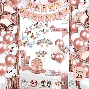 UJoyant 236 Pcs Birthday Decorations For Women, Rose Gold Party Decorations Kit For Girls Or Women - Butterfly Decors, Hanging Swirl, Balloon Stand Kit, Sash, Tiara, Banner, Tassel Curtain, Balloon, Tableware Kit For 25 Guests