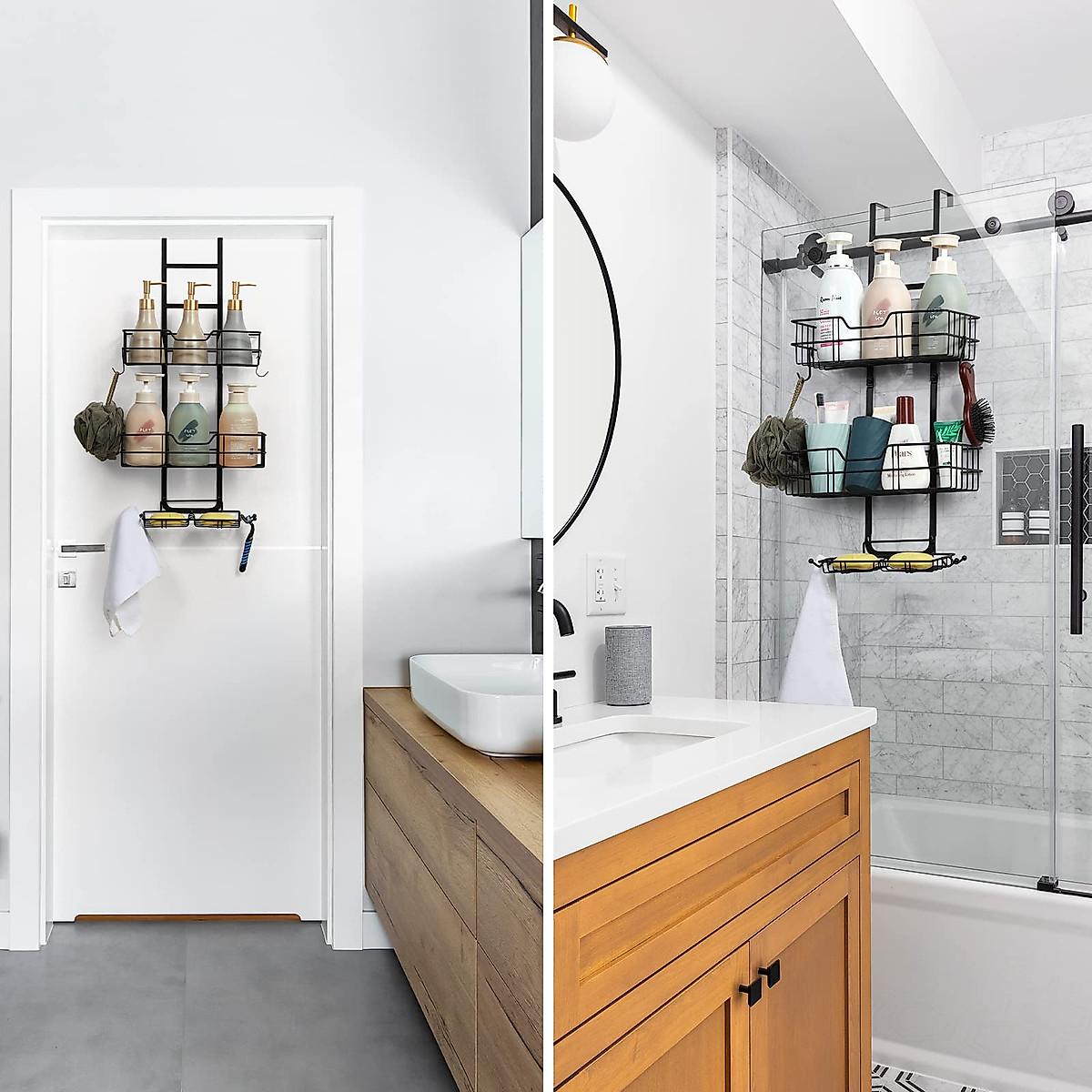 Over The Door Shower Caddy, Hanging Storage Rack, Shower Basket with Suction Cup, Over Door Bathroom Shower organizer Hanging with Hooks and Soap Holder, No Drilling (3-Layer, Black)