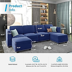 Mjkone Velvet Modular Sectional Sofa with Adjustable Armrest and Backrest for Living Room，U Shaped Couch 6 Seater Convertible Sectional Couch with Indidual Storage Ottoman -Velvet Blue