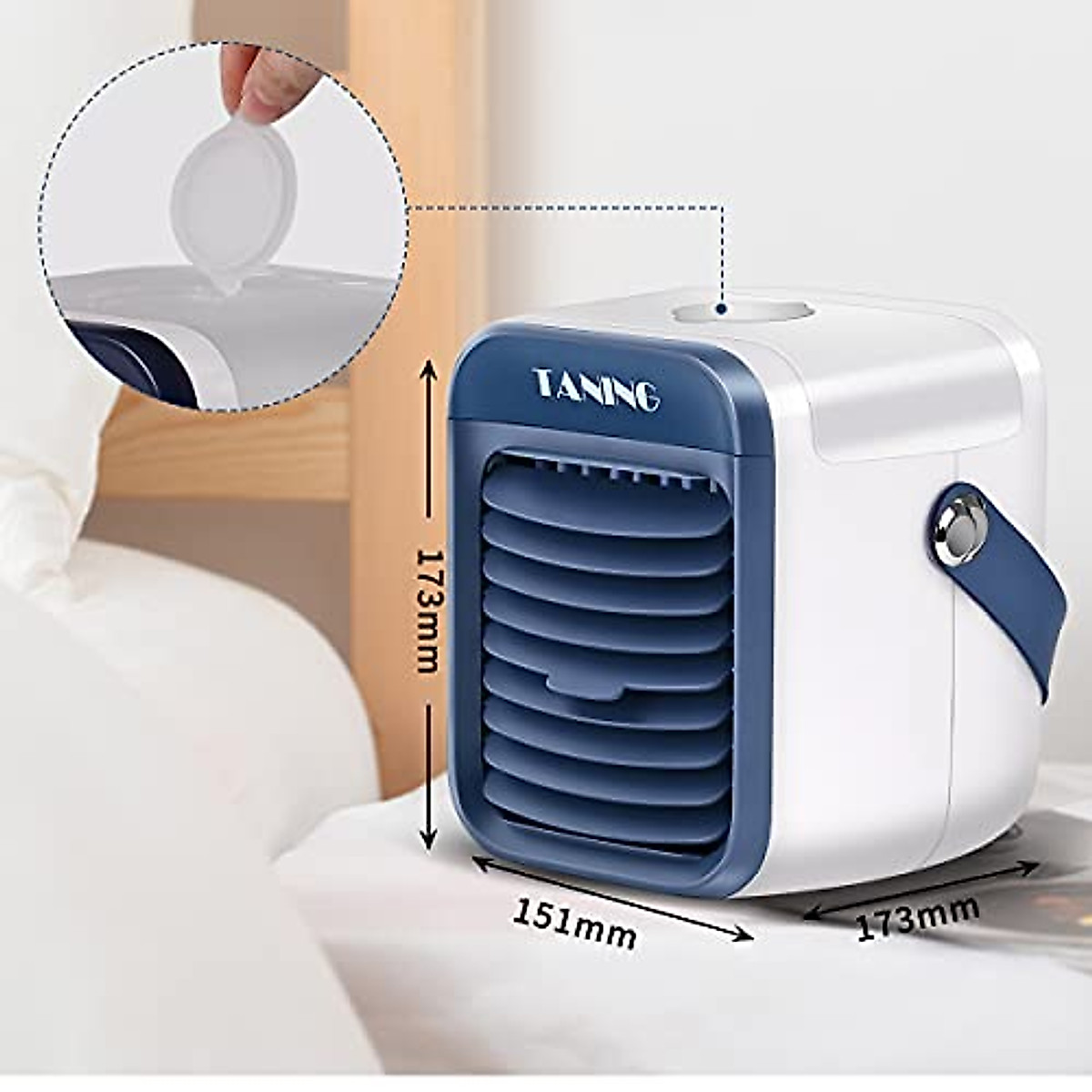 TANING Portable Air Conditioner, Personal Mini Air Cooler, 3 in 1 Rechargeable Evaporative Air Cooler, 3 Fan Speed, 7 Colors LED Lights Cycle Gradient for Home Kitchen Office0723