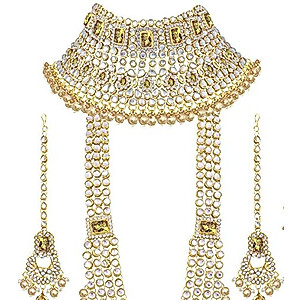 Aheli Ethnic Indian Indian Traditional Bollywood Faux Kundan Dulhan Heavy Bridal Jewelry Set with Choker Earrings Maang Tikka Hathphool for Women Girls
