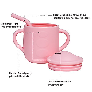 VOTSUPKITDINOK 100% Silicone Baby Training Cup,Infants Toddler Cup With Straw Spill Proof Soft Sippy Cup With Handles,5oz,6+ Months,BPA-Free(Pink)