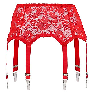 Lace Garter Belt/Suspender Belt with Six Straps Metal Clip for Women's Stockings/Lingerie (Garter Belt Sold Only) (Large, Red_lace)