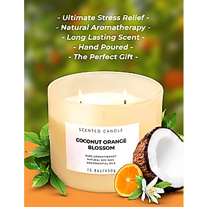 Coconut Orange Blossom 3 Wick Candle | Highly Scented Soy Candles for Home 15.8 oz, Summer & Tropical Scented Candle | Aromatherapy Stress Relief Candle, Relaxing Clean Burning Candle for Women & Men