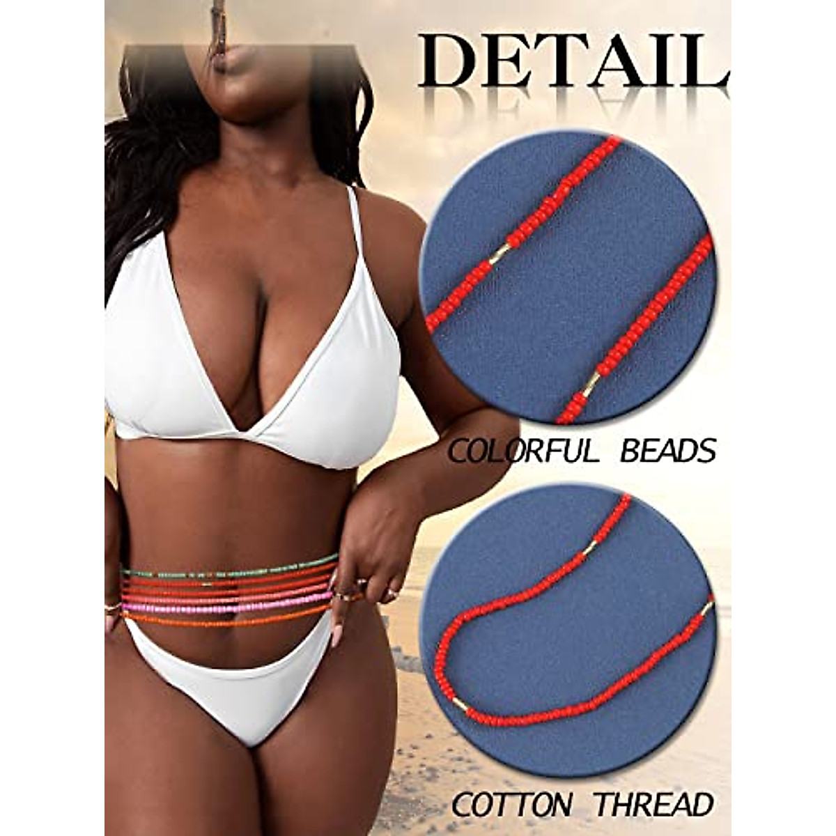 ELABEST 50inch Plus Size African Waist Beads Belly Chain Non-Stretching Tie-on Bead Jewelry Accessories for Women and Girls (5) (#18)