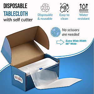 [4 MILL] - ''66 In x 72.5'' Ft - CLEAR PLASTIC TABLE COVER, Tablecloths Covering, Table Protector, Wide Thick Disposable & Reusable on a Roll with SELF CUTTER, Protects from Spills, Water, Oil