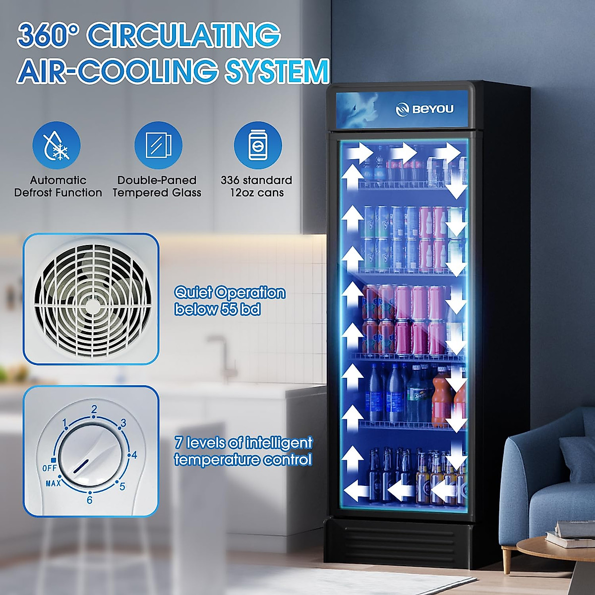 BEYOU Commercial Refrigerator, 12.2 cu. Ft Upright Beverage Display Merchandiser with single Glass Door, Drink Cooler for Living Room,Bar,Garage（Black）