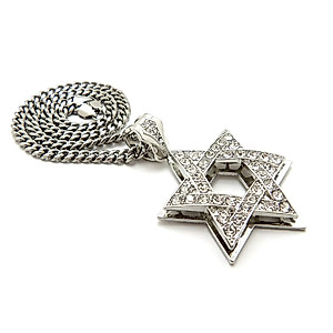 iJewelry2 Stainless Steel Silver Tone Crystals Open Star of David Charm Pendant Cuban Chain Necklace