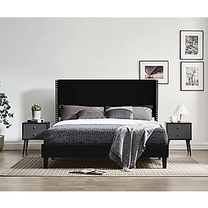 FANYHOM Queen Size Tufted Upholstered Bed Frame Low Profile Velvet Bed Frame Platform with Raised Wingback Headboard/No Box Spring Required/Wood Slat Support/Black