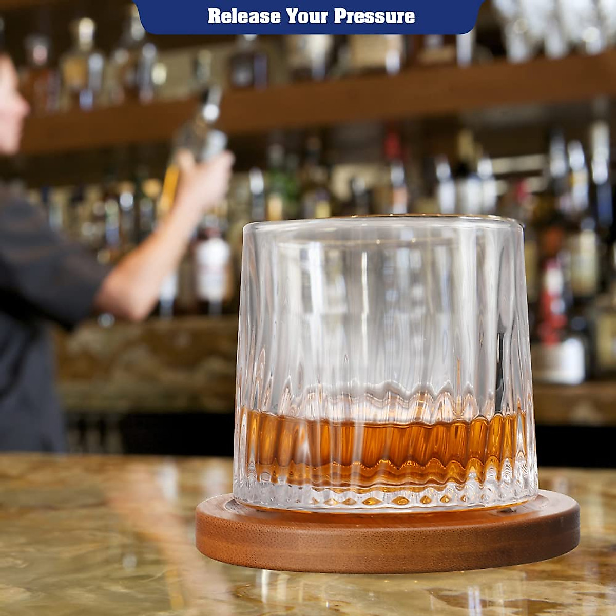 Crystal Whiskey glasses set of 2,Rotatable -10 Oz old fashioned whiskey glasses,bar whiskey glasses,style glassware for bourbon,perfect Idea for scotch lovers,glasses for scotch, rum, Glacier