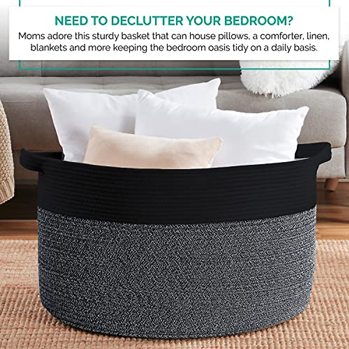 Organizix XXXXL Large Round Cotton Rope Storage Basket Bin Organizer Laundry Hamper with Handles, 21 x 21 x 14, Extra Large Blanket Woven Toy Basket, Black/Black