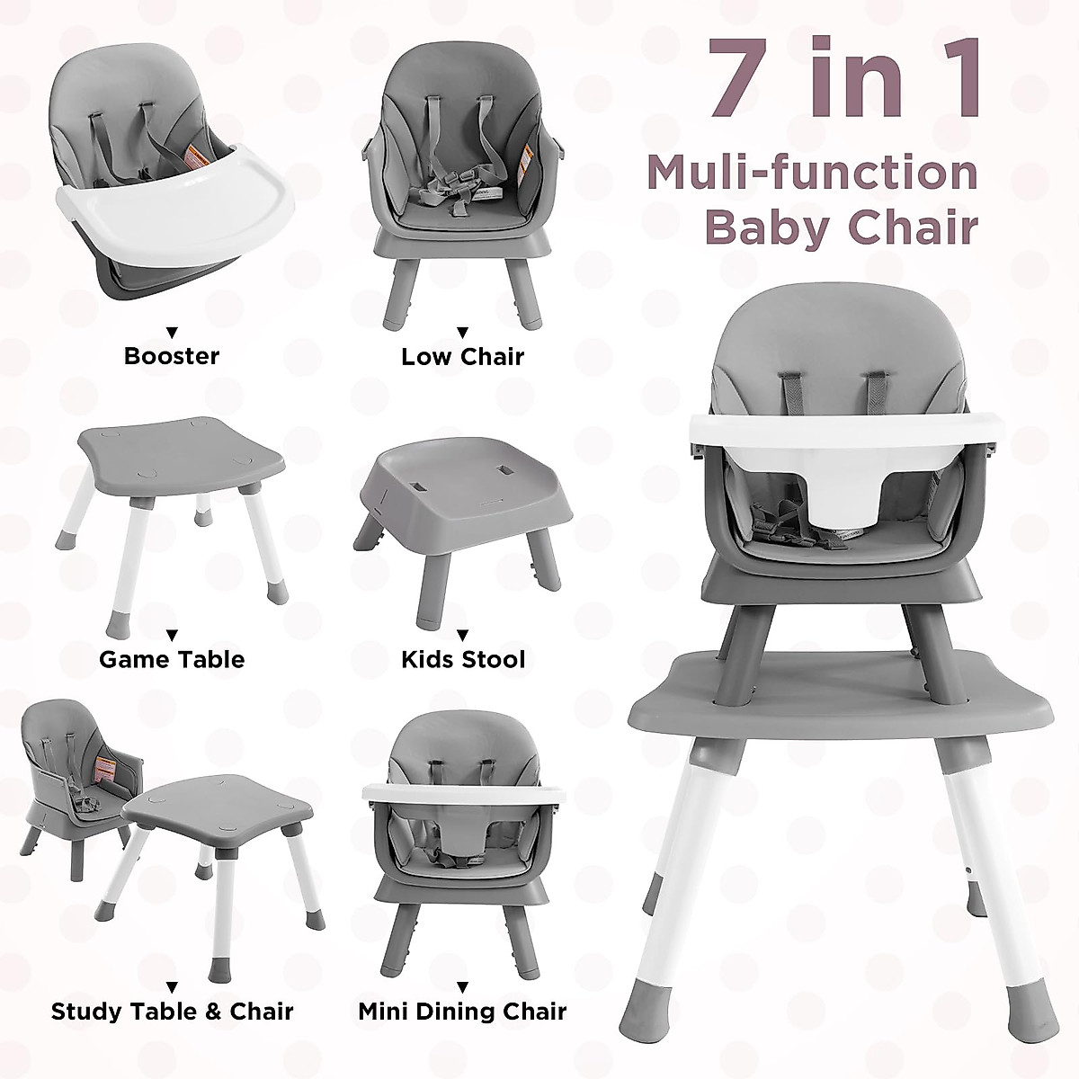 7 in 1 Baby High Chair,Convertible High Chair for Babies and Toddlers | Booster Seat | Table and Chair Set | Building Block Table | Toddler Chair with Safety Harness, Removable Tray (Gray)