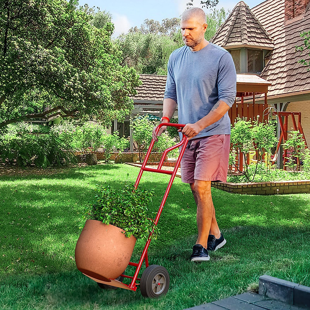 Goplus Hand Truck, P-Handle Hand Truck Dolly w/Vertical Loop Handle, 10” Rubber Wheels, 15”x8” Foldable Nose Plate, 660LBS Capacity, Heavy Duty Metal Dolly Cart for Lifting, Stairs (Red)