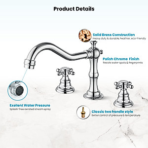 gotonovo 3-Hole Widespread Bathroom Faucet Double Cross Handle Mixer Tap for Bathroom Sink Deck Mount Hot Cold Water Matching Pop Up Drain with Overflow Polished Chrome Victorian Spout
