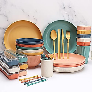 Wheat Straw Dinnerware Sets for 6(55 PCS), Lanveda Kitchen Dinnerware Sets Include Dinner Plates, Cereal Bowls, Cups, Flatwares, Portable Bag, Lightweight Outdoor Colorful Party Dinnerware Sets